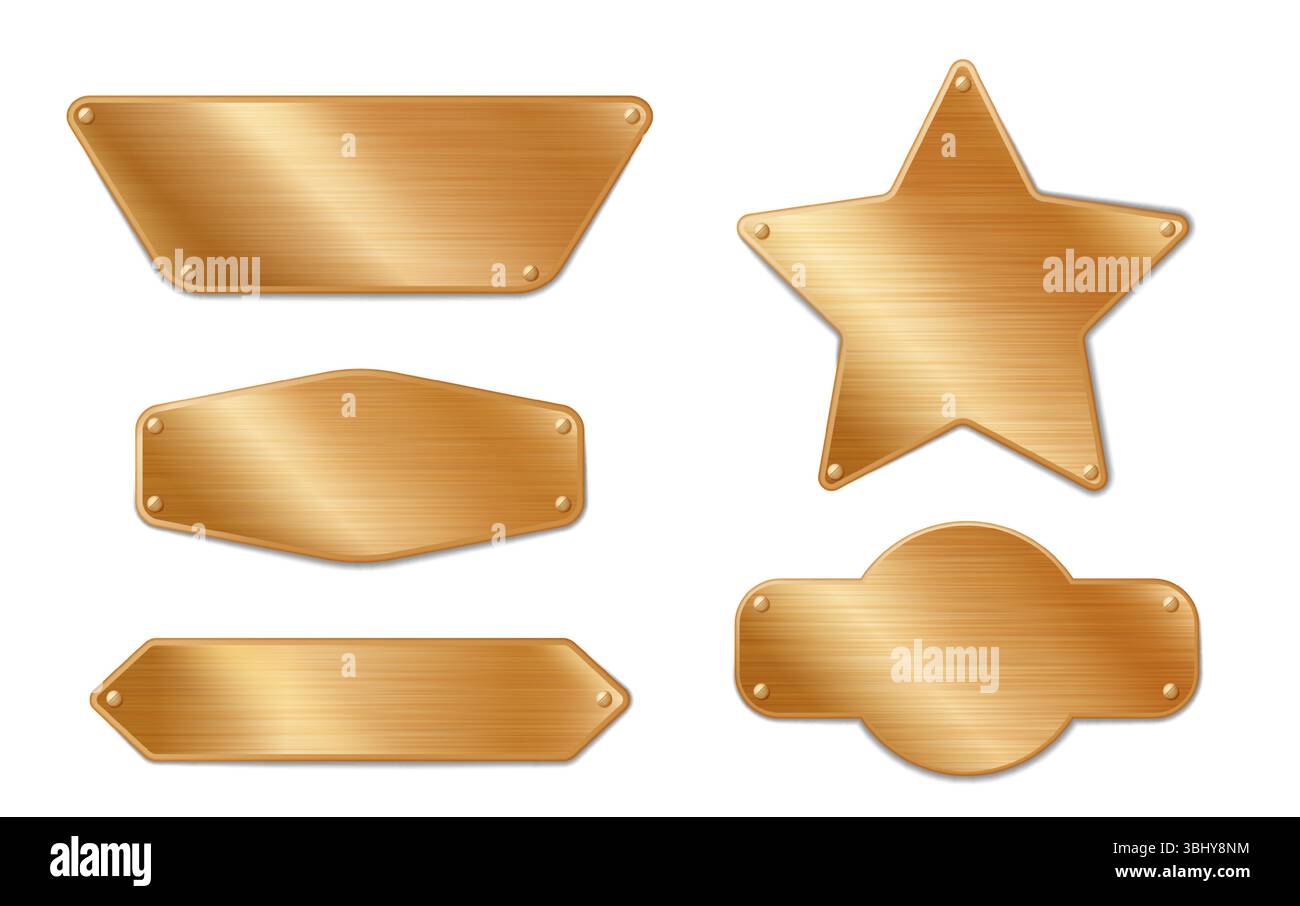 Gold metal tag set with brushed brass texture and mounting screws. Star ...