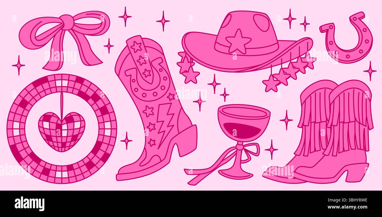 Pink disco cowgirl aesthetic set - bow, mirror circle with heart ball ...