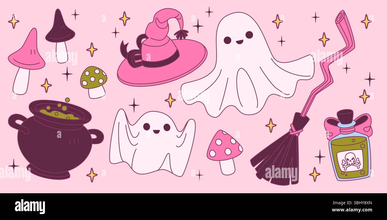 Coquette halloween magic set - colorful mushrooms, pink witch hat with ...