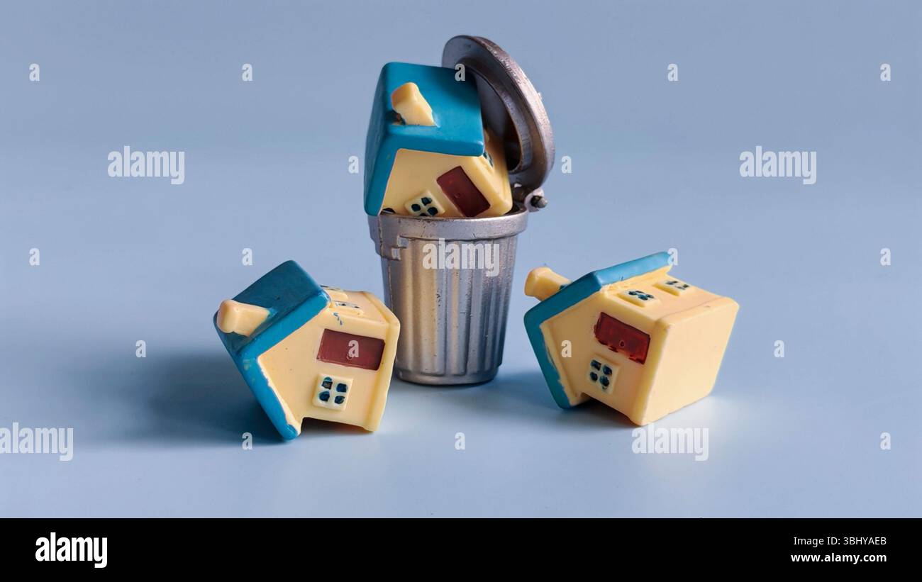 Miniature House Model Inside a Miniature Trash Can Representing Housing ...