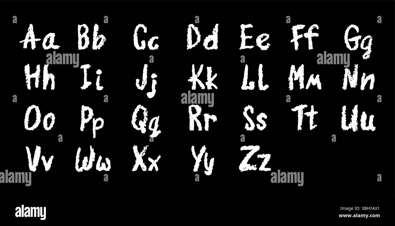 English alphabet hand-drawn in a crayon. Capital and lowercase white ...