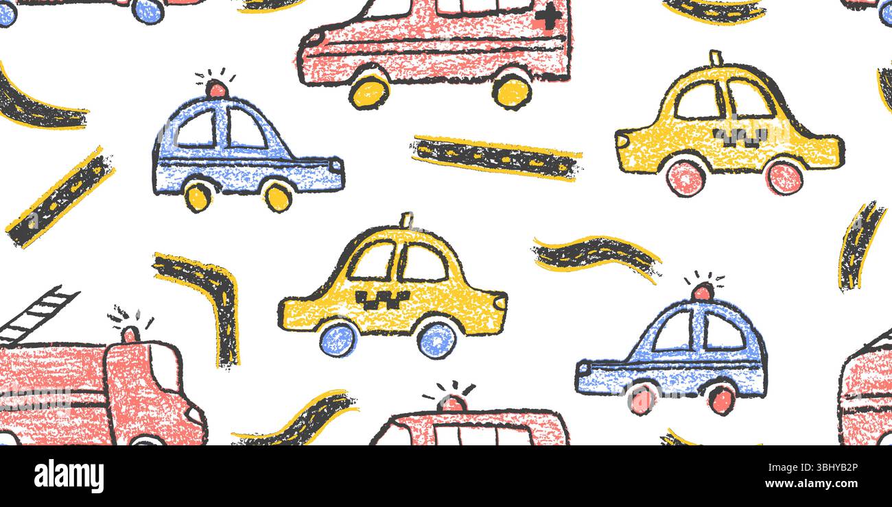 Colorful seamless pattern of crayon drawn vehicles: police, taxi car ...