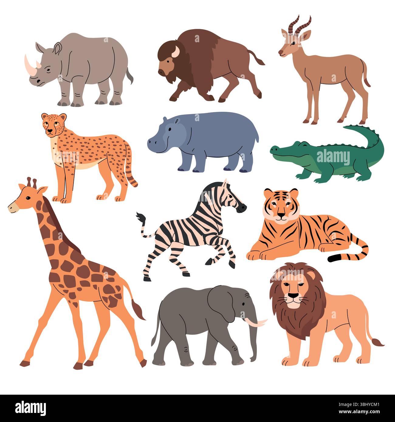 Flat vector illustration set of wild animals including rhinoceros ...