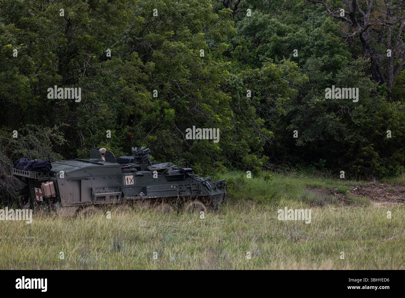 An M1133 Medical Evacuation Vehicle (MEV), marked with a red cross, is ...