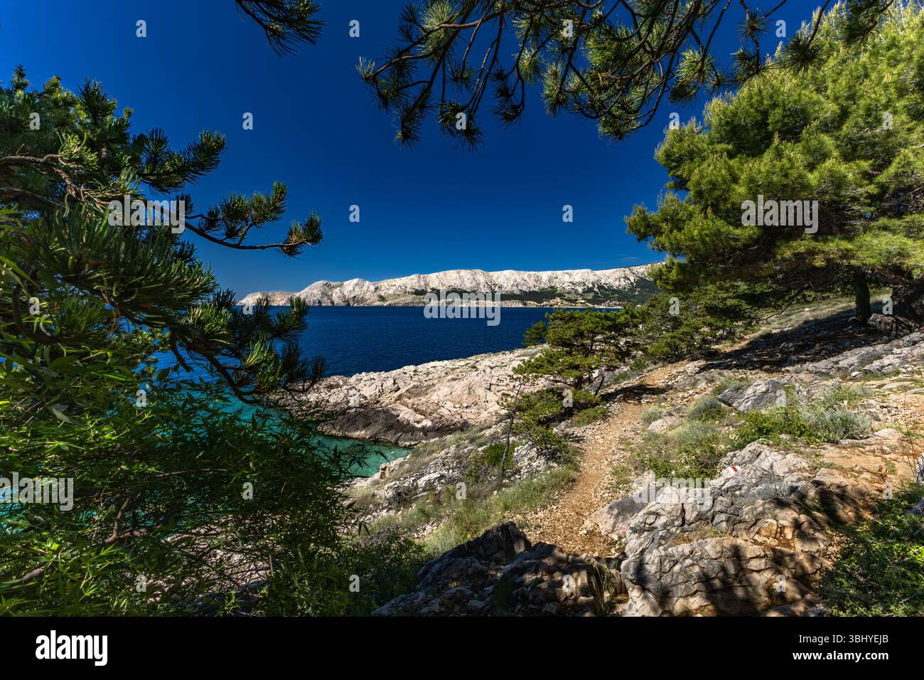 Jablanova Beach on the island of KRK in Croatia, blue trail leading to ...