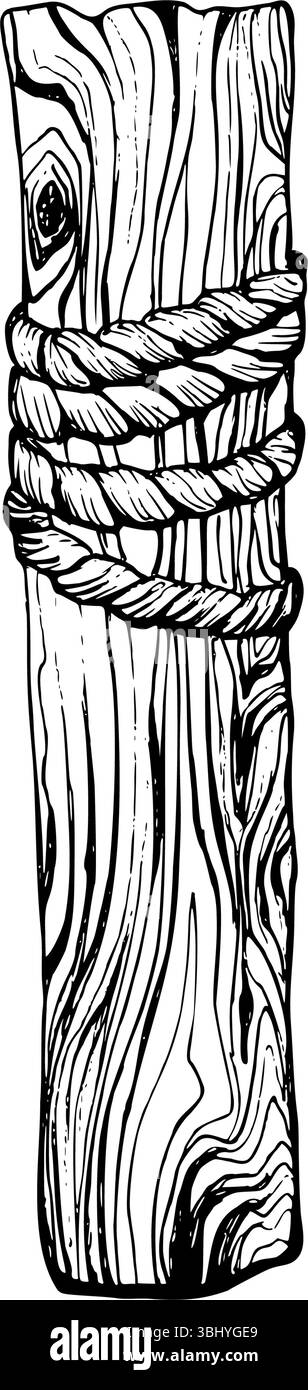A wooden mooring post with a coiled rope tied around it. Black and ...