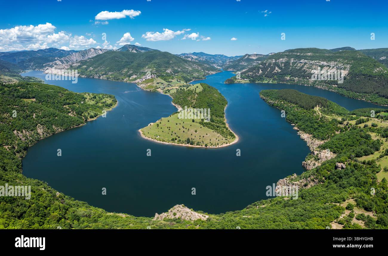 Aerial view to Kardzhali dam, view of meander in Arda river surrounded ...