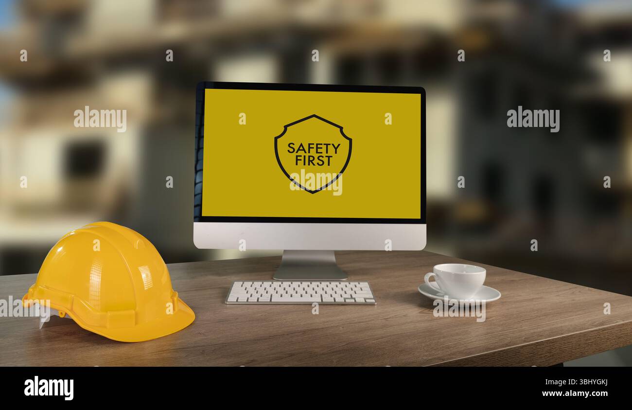 A workplace safety construction site workstation with safety helmet ...