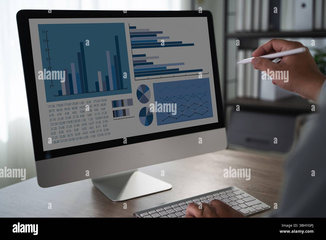 An online business coach person analyzing data computer screen displaying various charts and ...