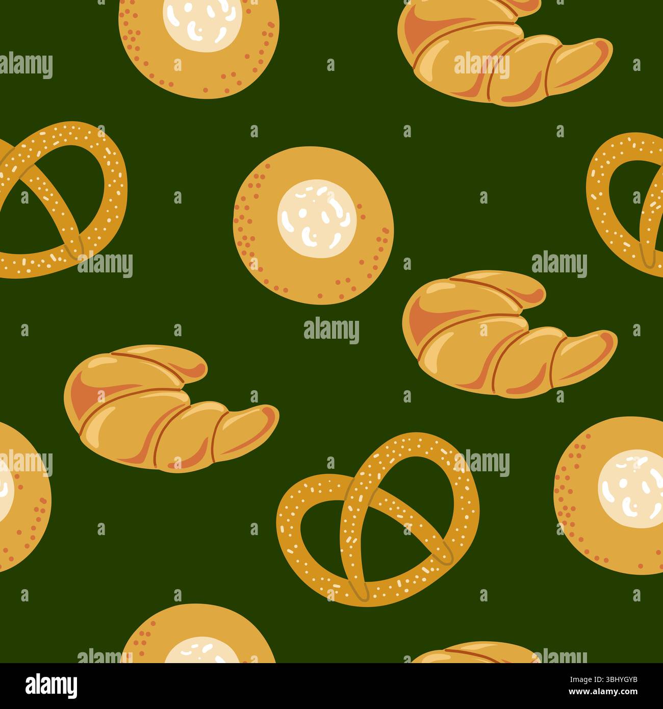 Seamless pattern of baked goods including croissants, pretzels, and ...