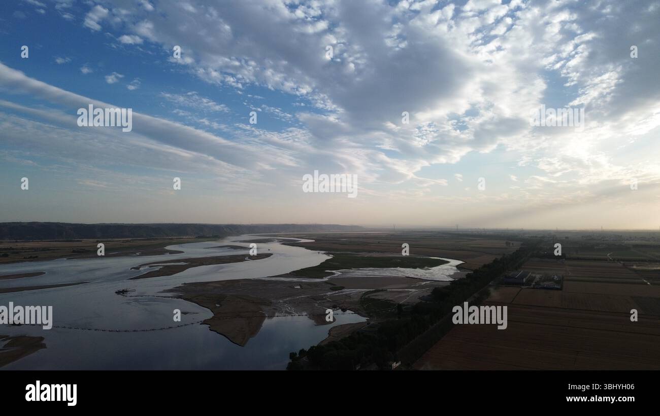 Aerial photo shows the summer scenery of the Yellow River in Jiaozuo ...