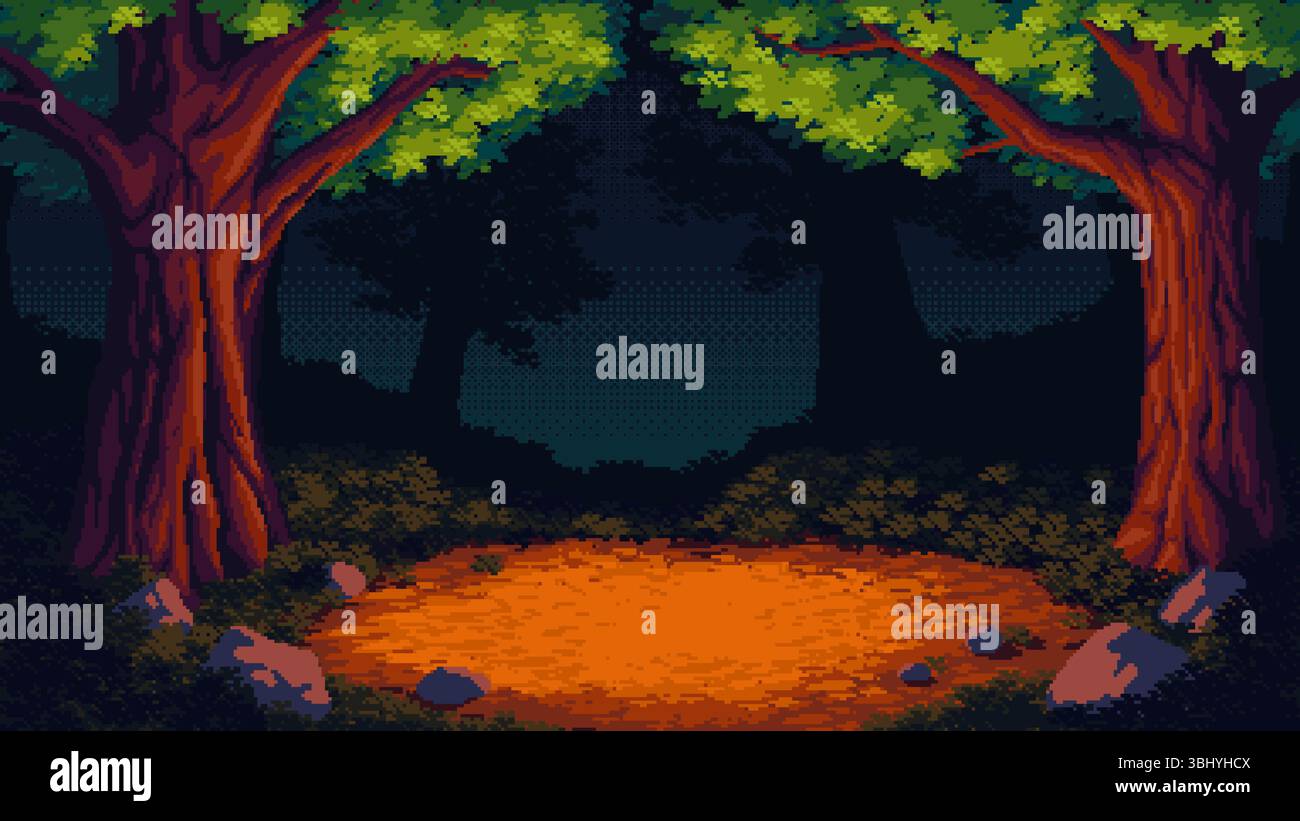 Pixel art of a dark forest with an empty glade at night. Mysterious ...