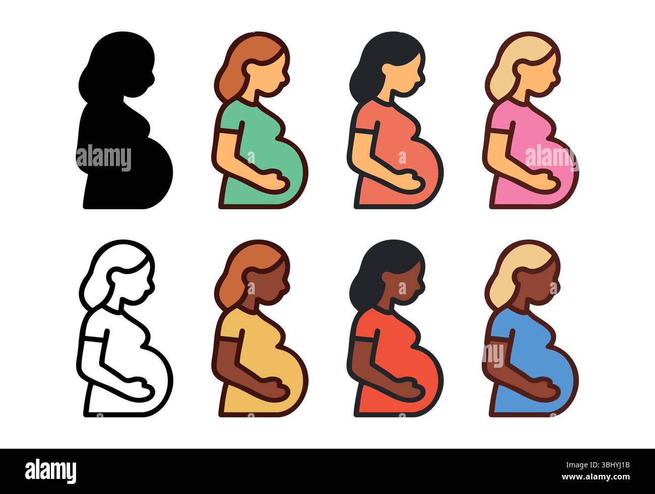 Set of flat and outline icons of pregnant women of different ...