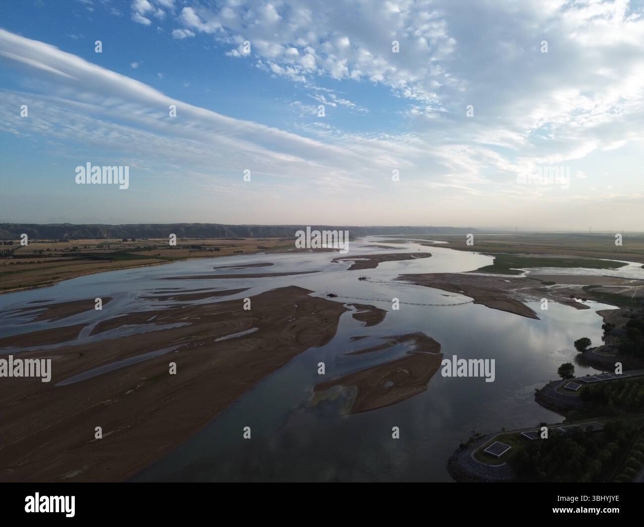 Aerial photo shows the summer scenery of the Yellow River in Jiaozuo ...