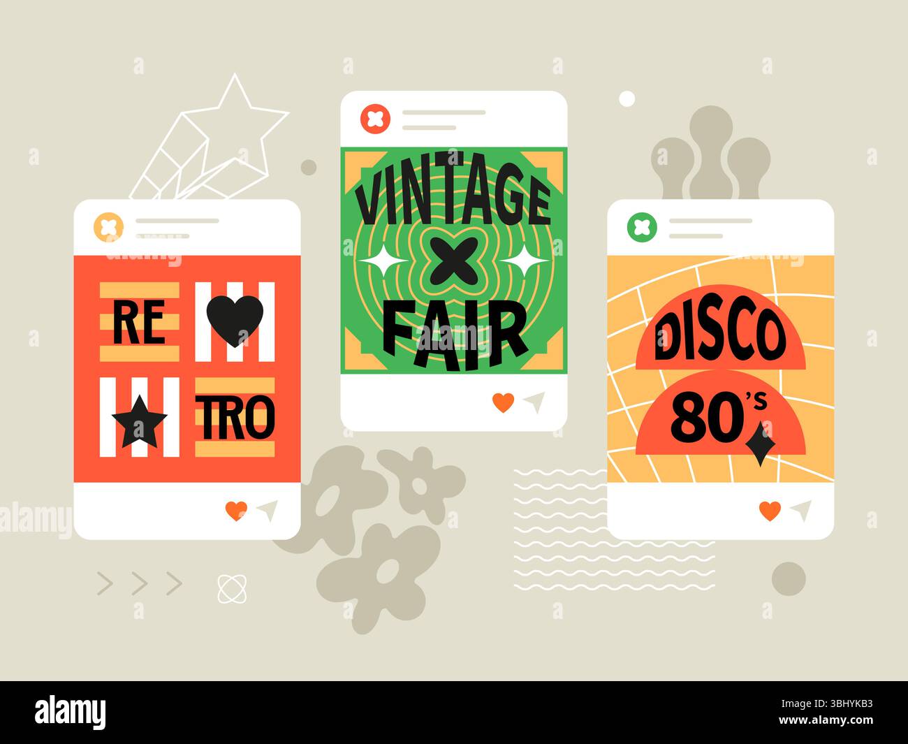 Retro posters and events - social media screens templates set Stock ...