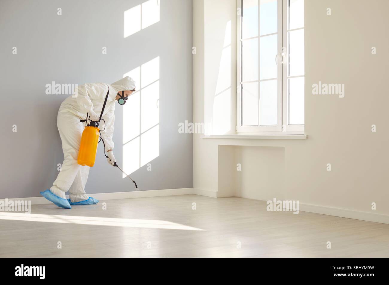 Professional exterminator in white workwear spraying insecticide in ...