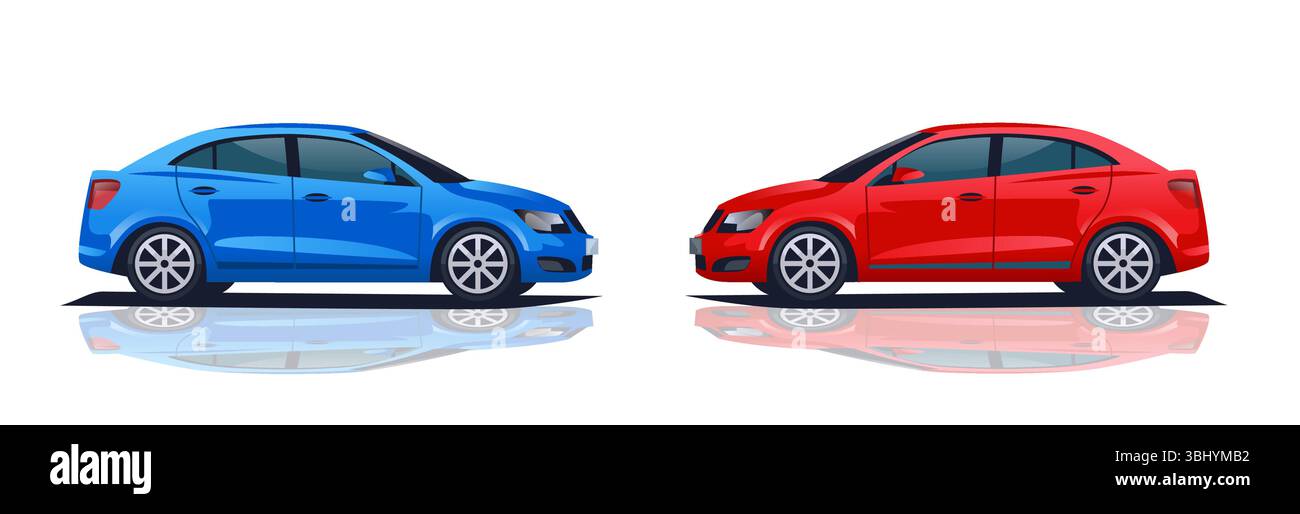 Two cars facing each other symbolizing trade war concept blue and red ...