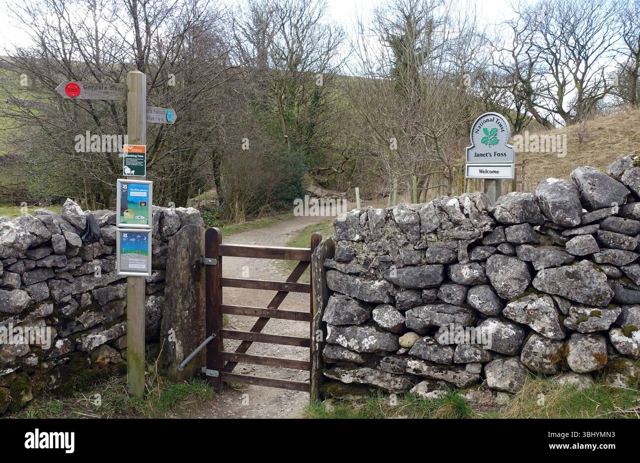 National Trust Welcome Sign for 'Janet's Foss' Waterfall near Malham in ...