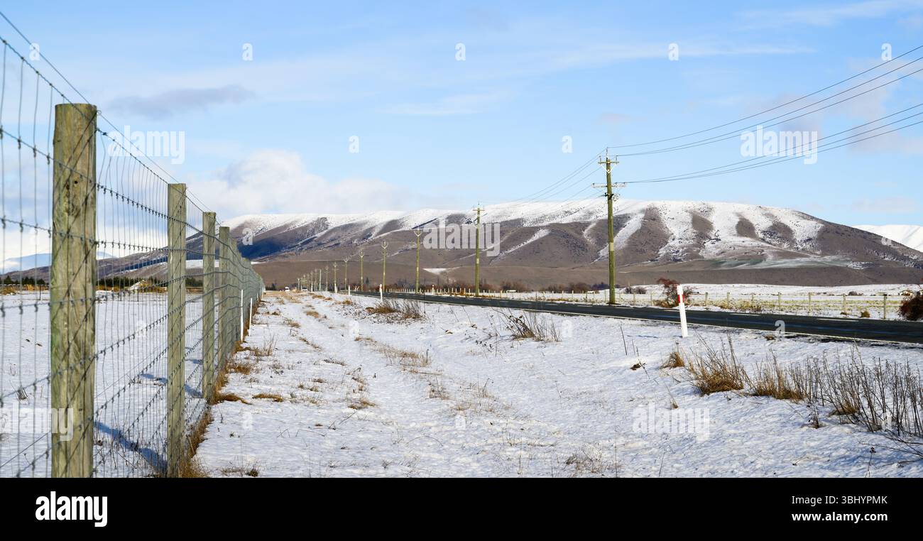 Power posts and power lines along the country road. Twizel. South ...