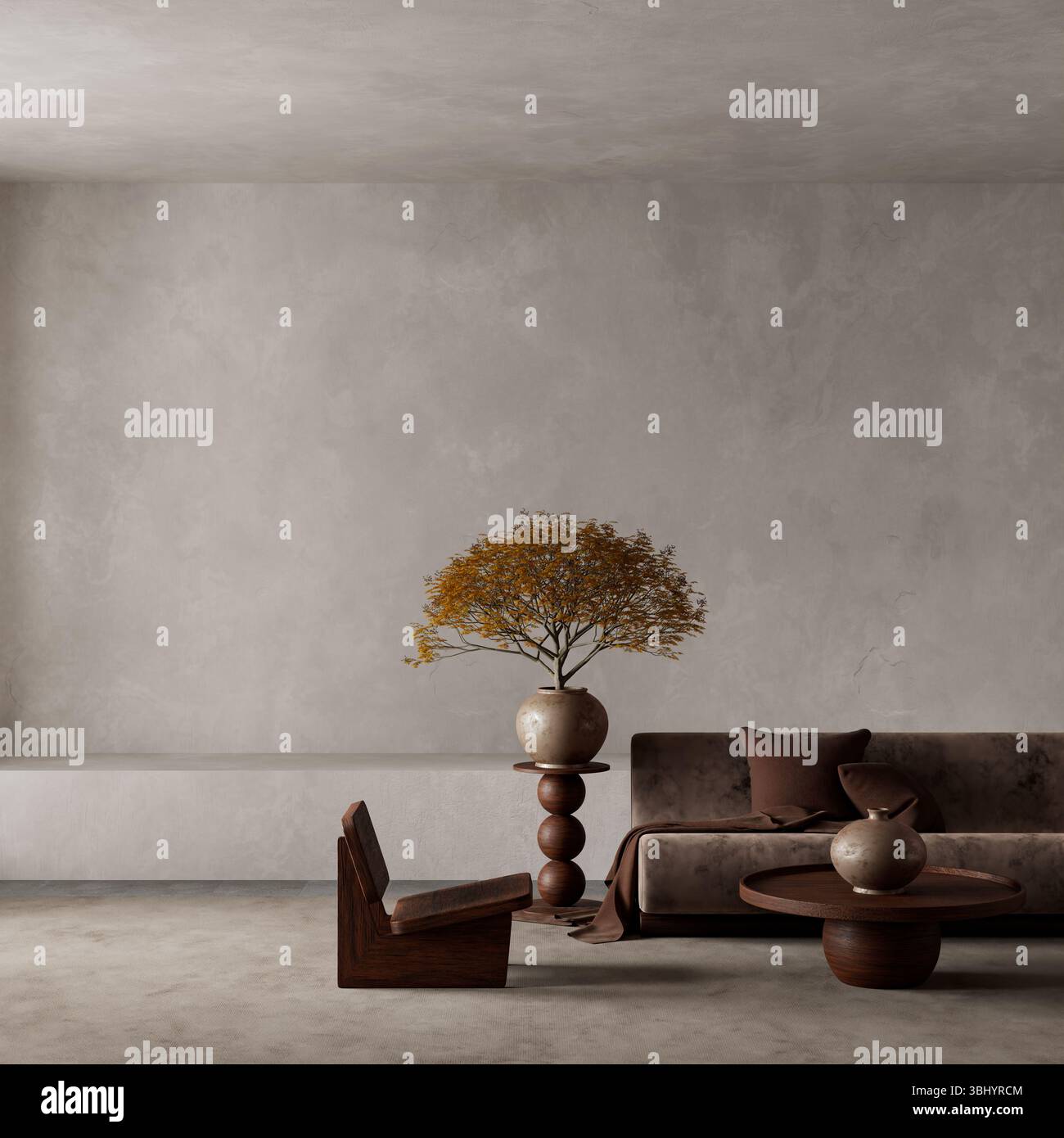 A stylish living room blending earthy tones, natural textures, and ...