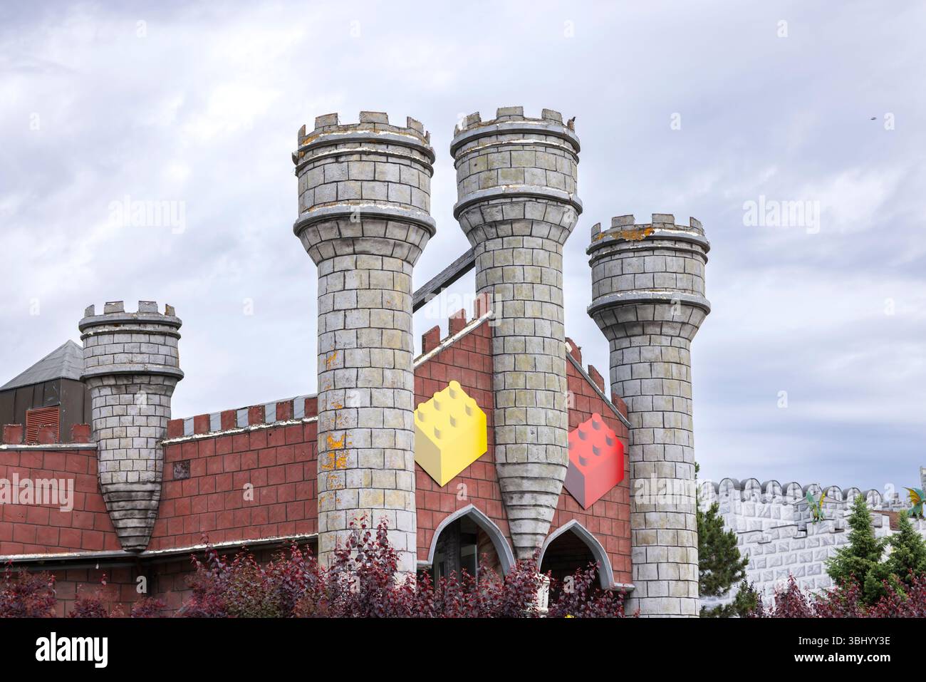 Towers of Legoland Discovery Center resembling a castle with lego bricks decorating the facade ...
