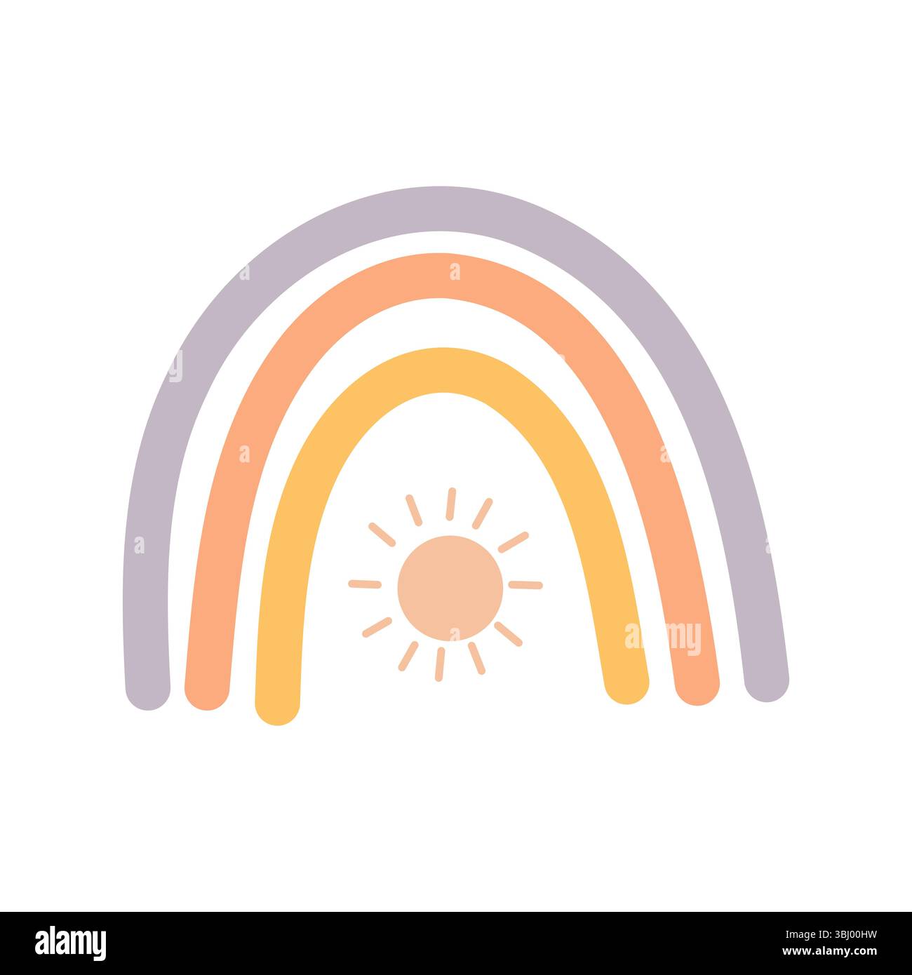Minimal rainbow in soft pastel colors with sun icon in center. Modern ...