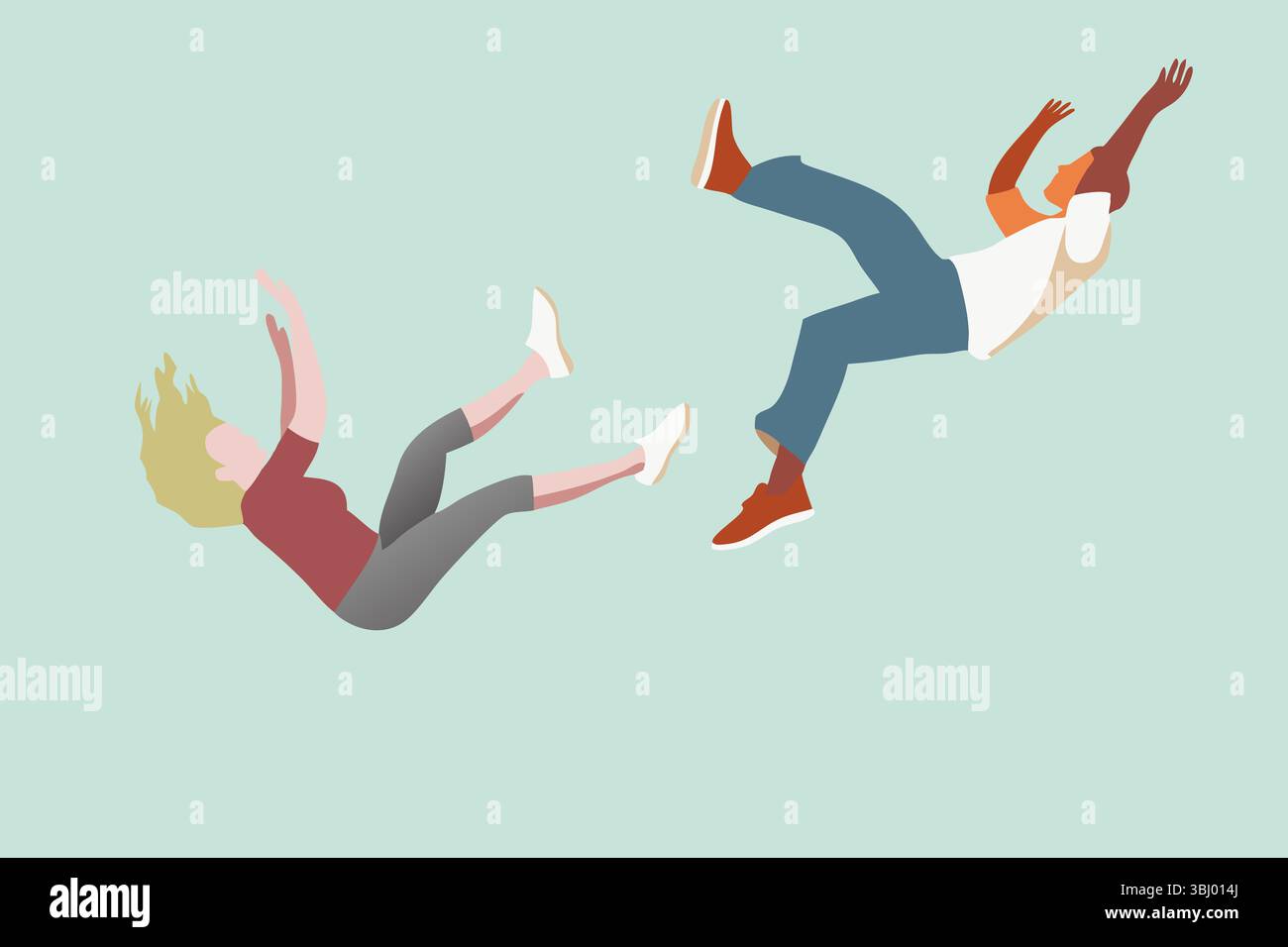 A minimalist illustration depicting two people falling in mid air ...