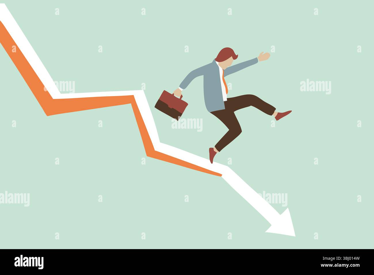 Illustration of a businessman falling downwards alongside a descending ...