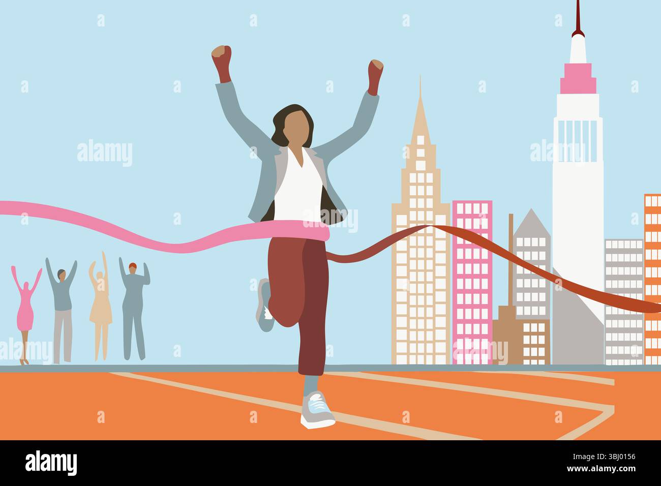 Illustration of a businesswoman crossing the finish line, symbolizing ...