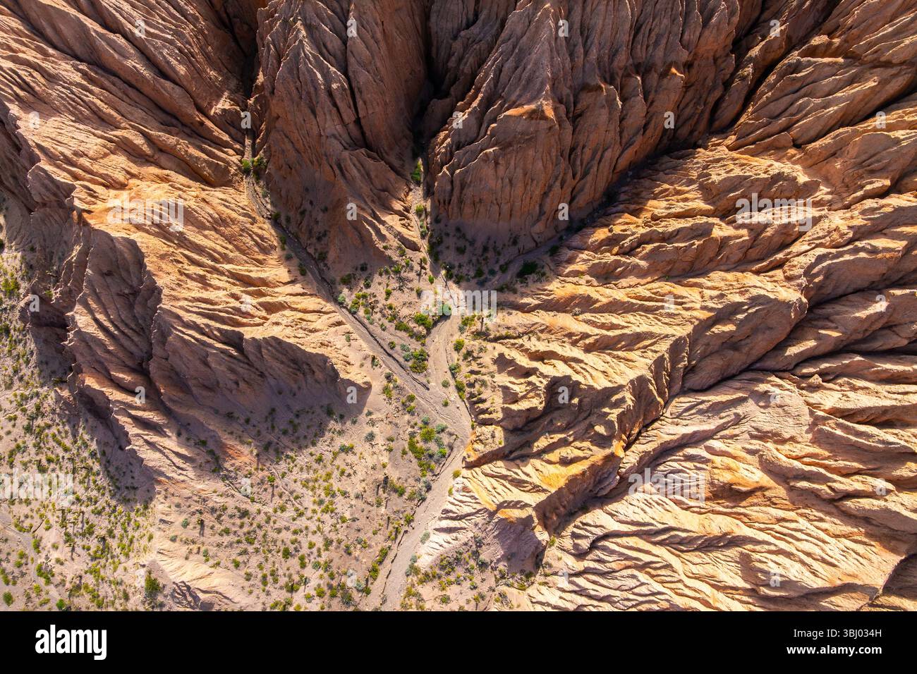 An aerial view of gully erosion forming deep channels in an arid, rocky ...