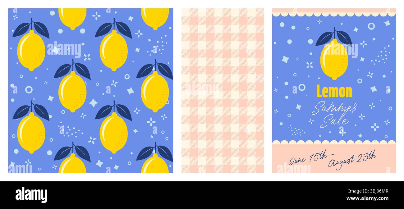 Set of Lemon themed designs, Fresh yellow Lemons with Leaves Seamless ...