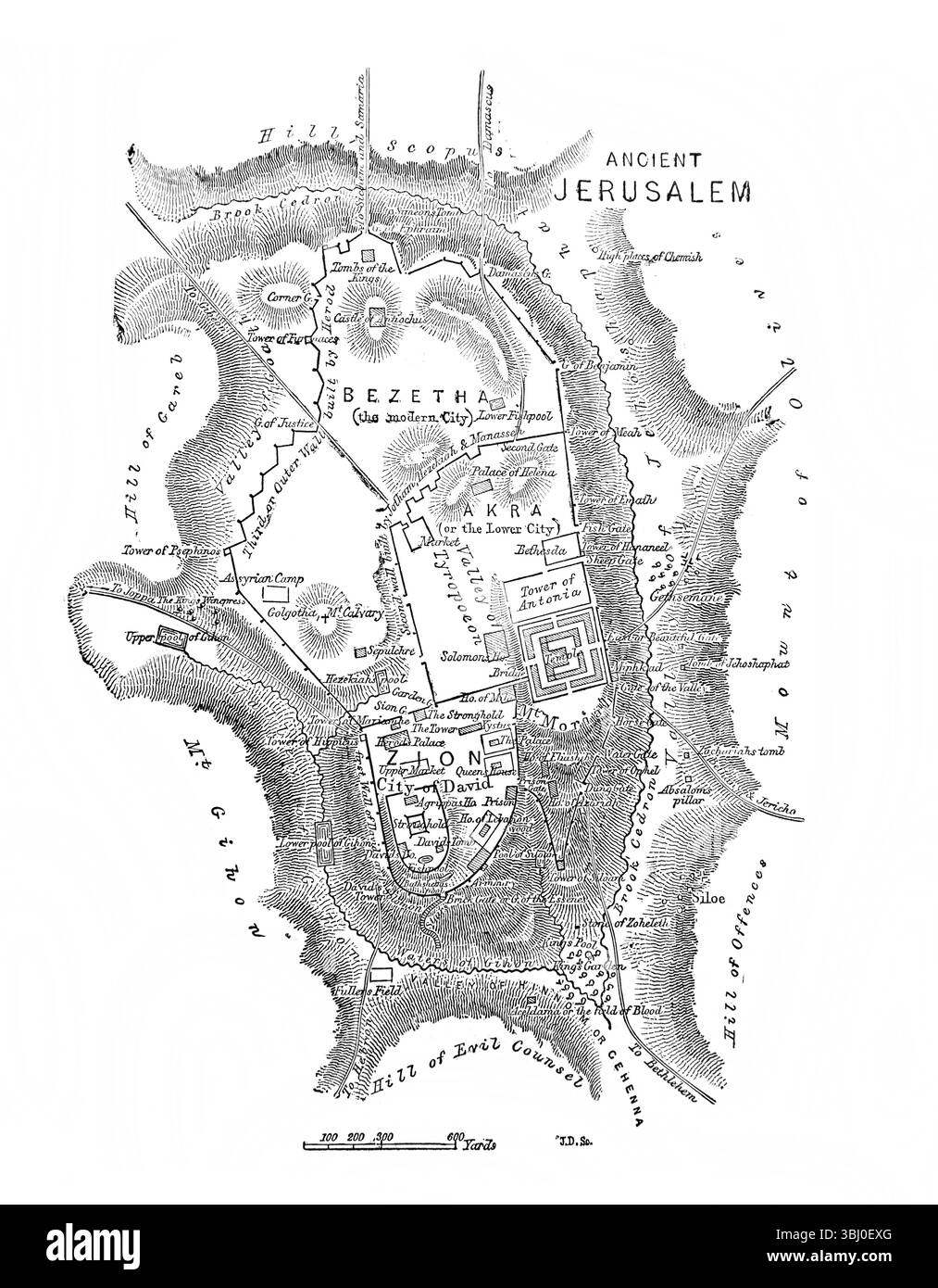 Illustration of a Map of Ancient Jerusalem Israel from Antique 19th ...