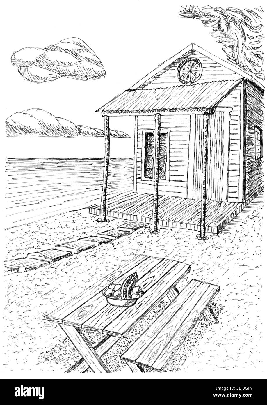 A charming black-and-white sketch capturing a summer escape at a ...