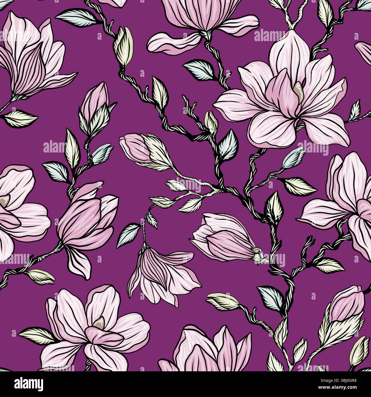 Seamless vector pattern with blooming magnolia isolated on a changeable background. Vintage ...