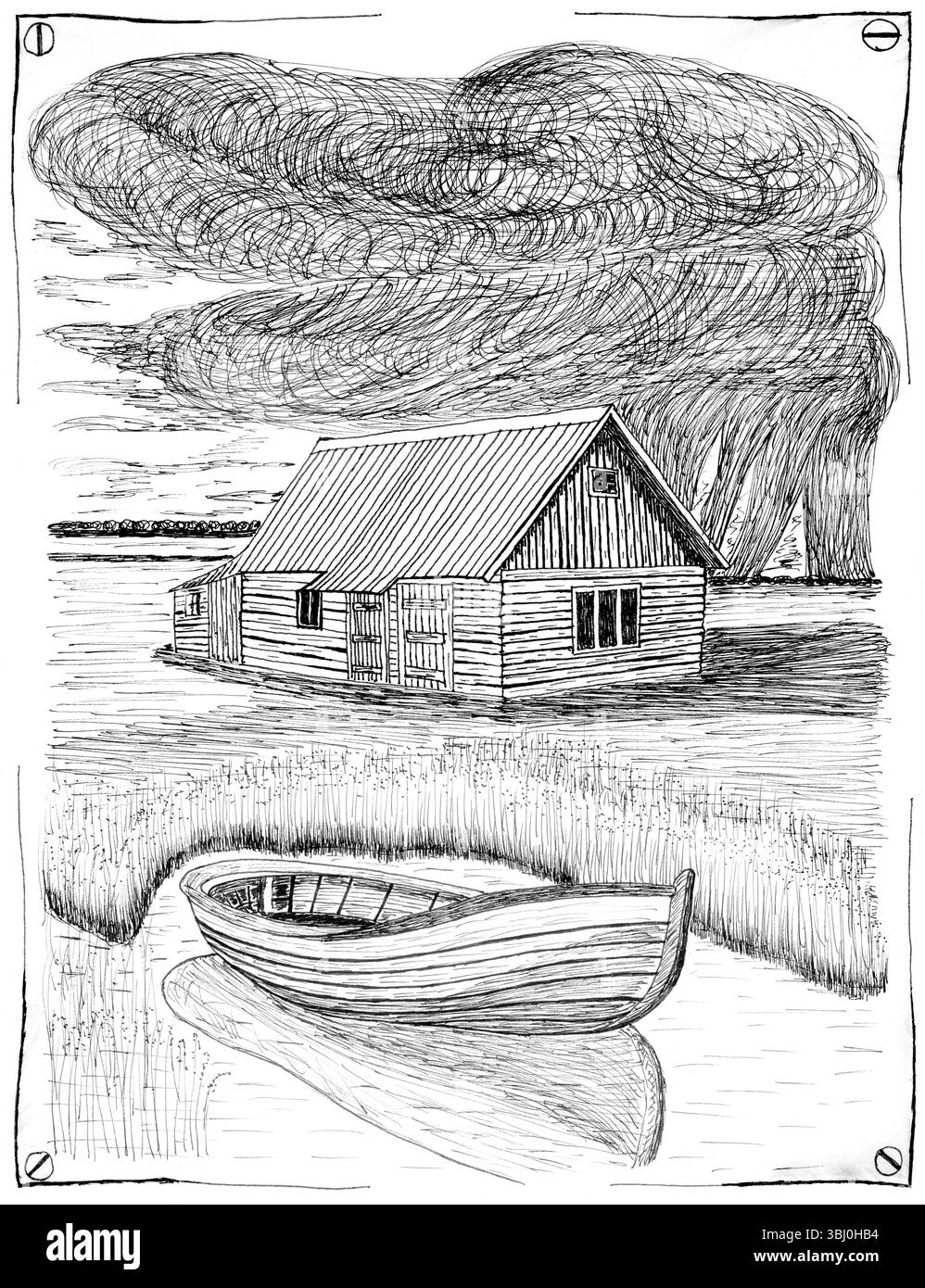 Black and white artistic sketch of a rural landscape executed in pen ...