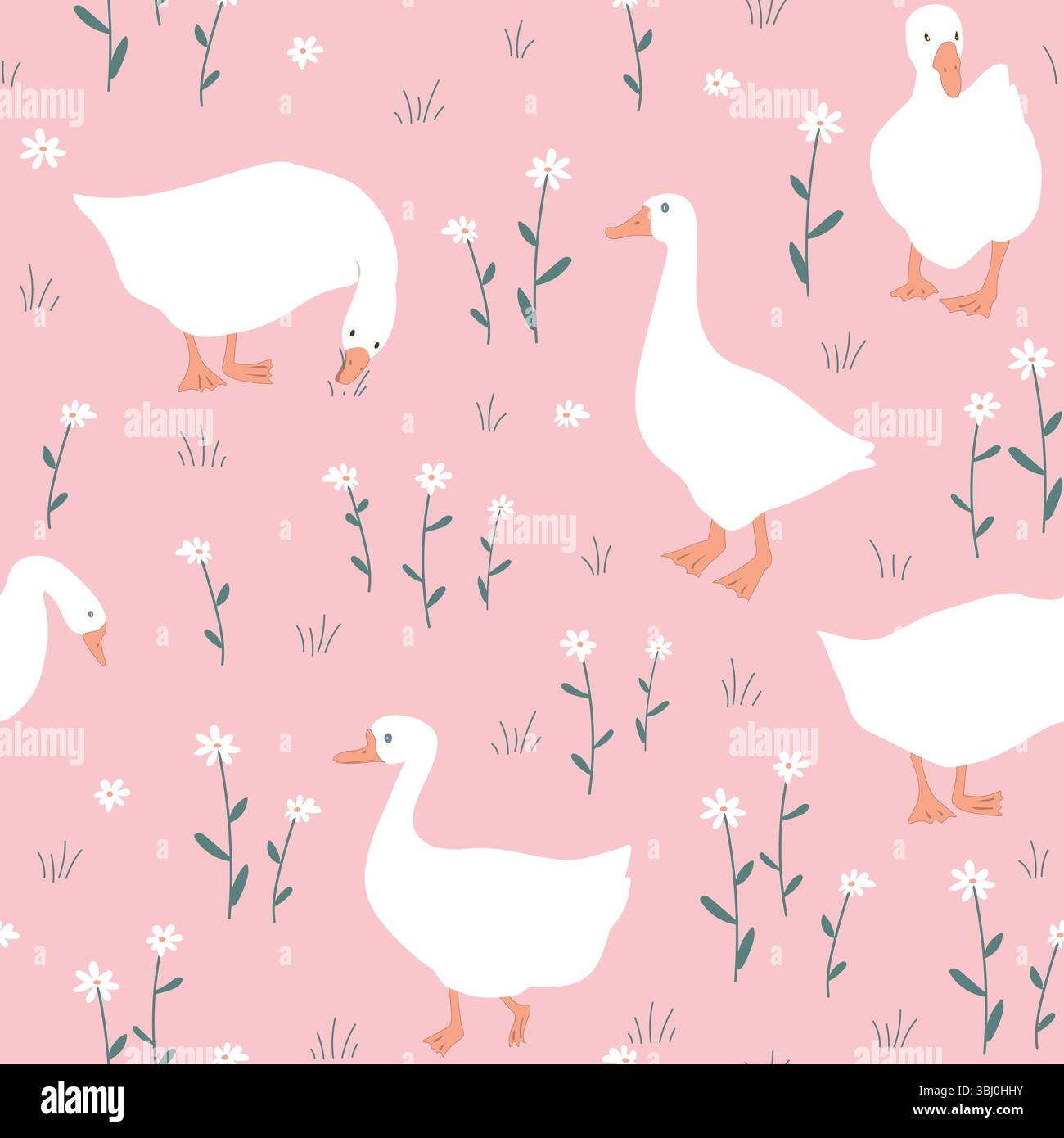 Hand drawn nursery pattern with cute cartoon goose and daisy flowers ...