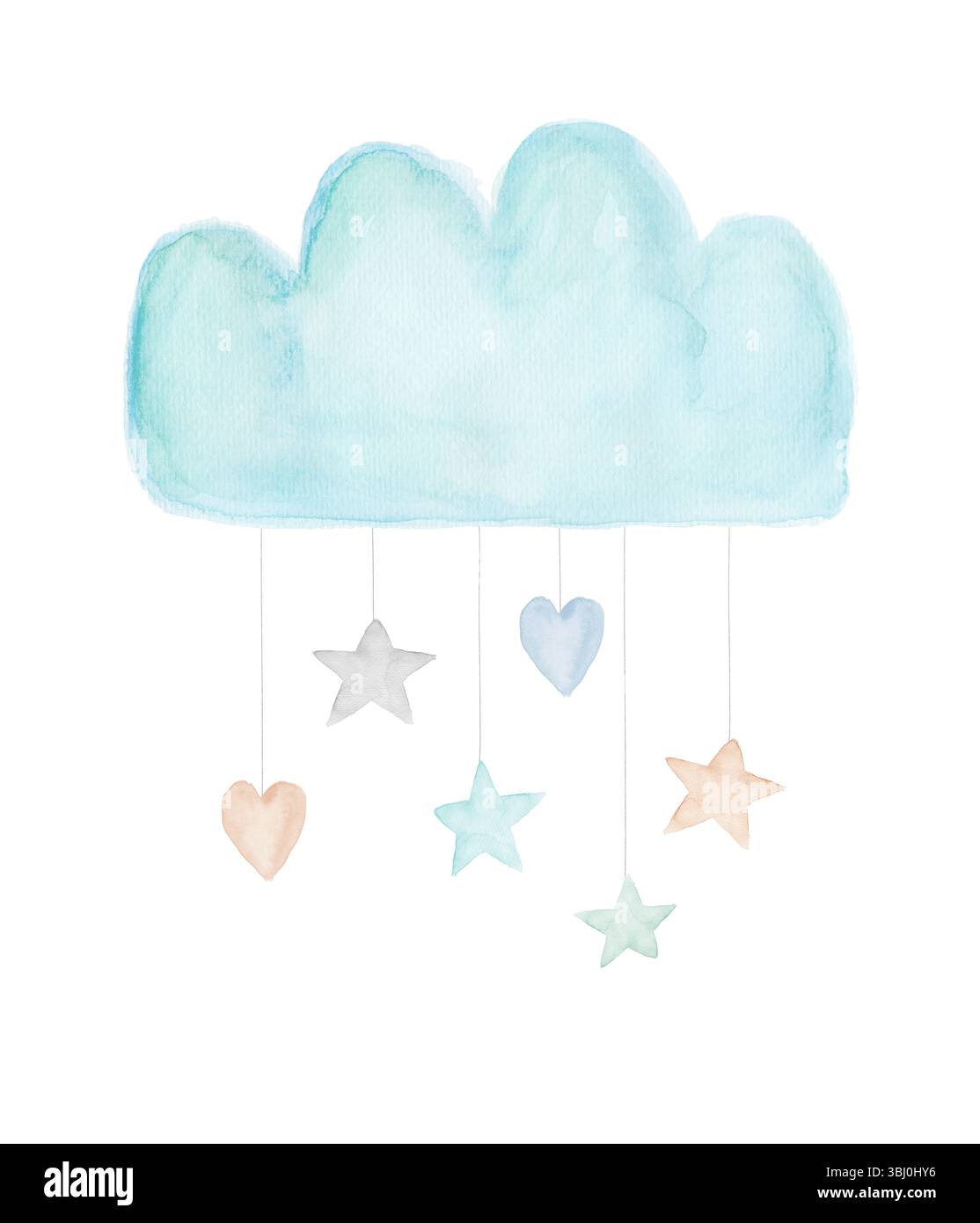 Watercolor Baby Shower Illustration. Pastel Blue Cloud with Hanging ...