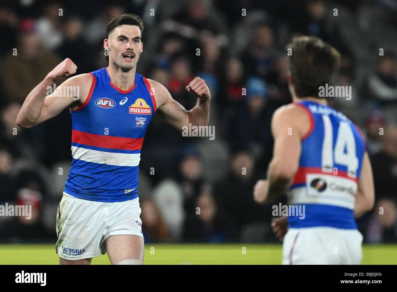 Sam Darcy of Western Bulldogs celebrates scoring a goal during the AFL ...