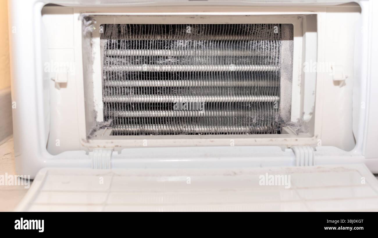 Front view of a lint-covered condenser coil inside a clothes dryer ...