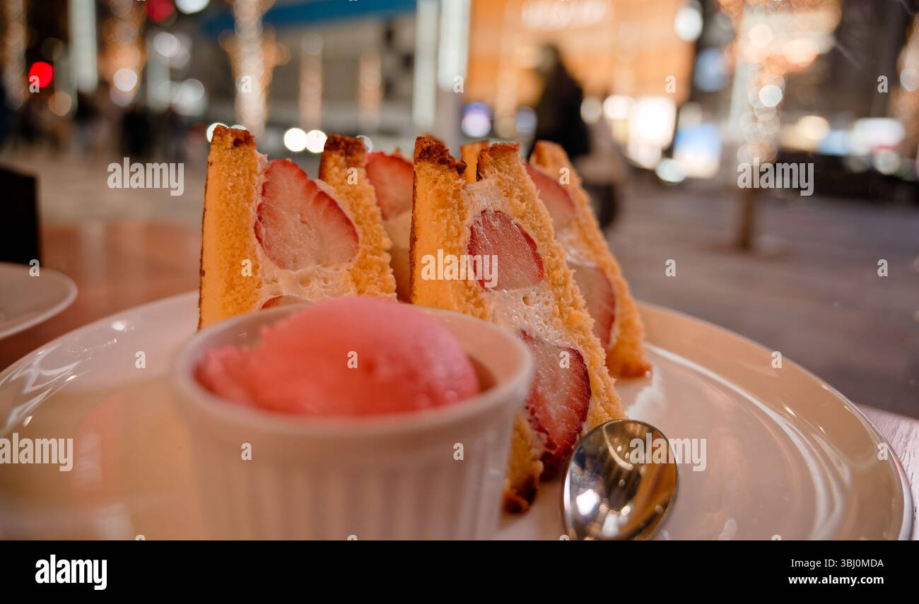 Strawberry shortcake sandwiches and a scoop of sorbet at Bunmeidō Café ...