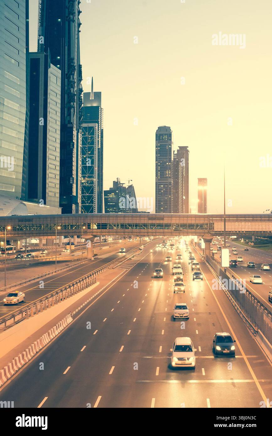 Skyscraper roads and bridge at the Sheikh Zayed Road in Dubai in the ...