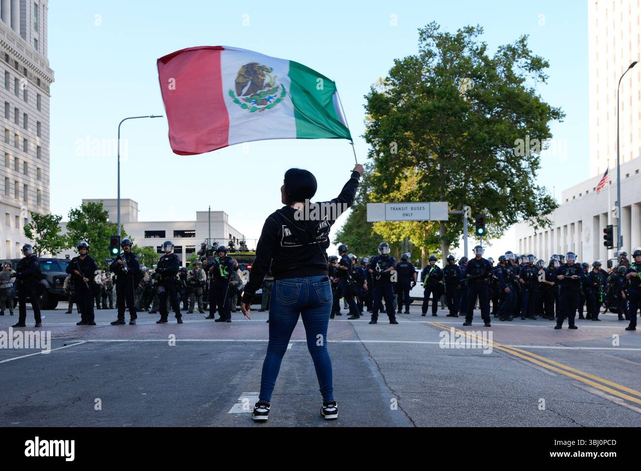 A protestor confronts police officers while waving a flag during ...