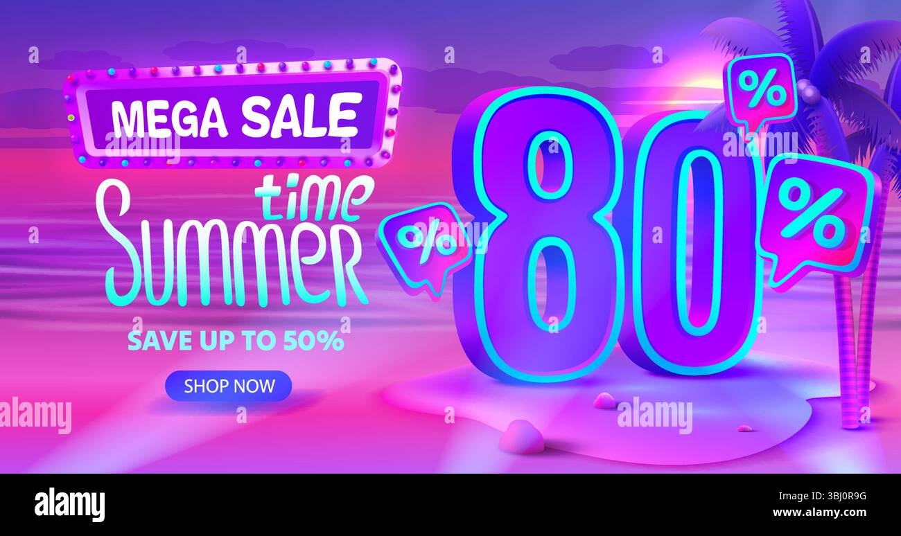 Summer time, sale offer 80 percentage, flyer party on the beach. Vector ...