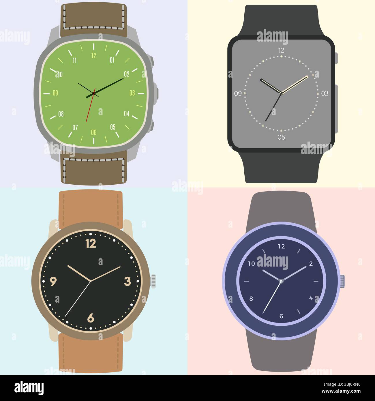 Set of four watches. Clock face with hour, minute and second hands ...