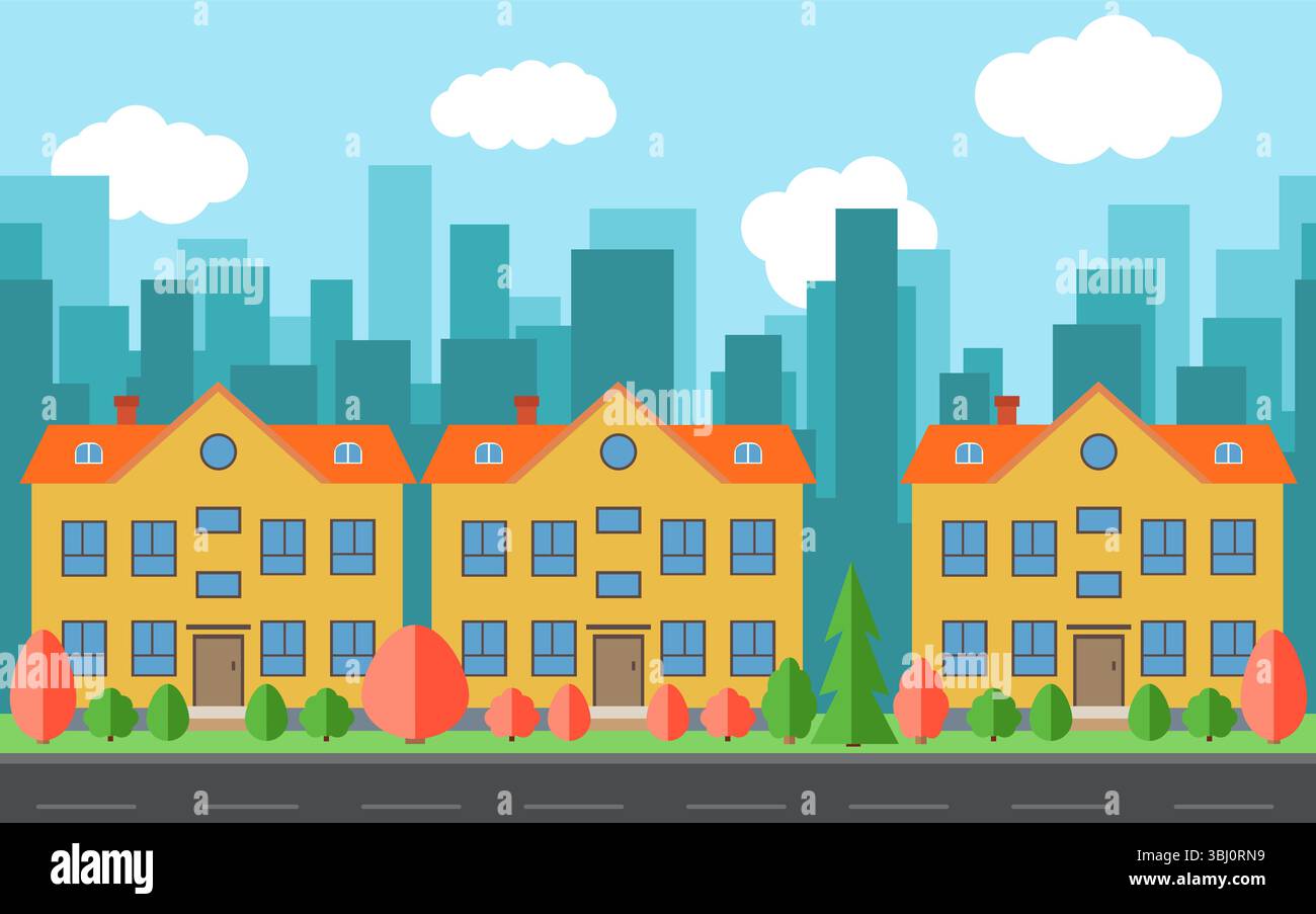 Vector city with three cartoon buildings. Summer urban landscape ...
