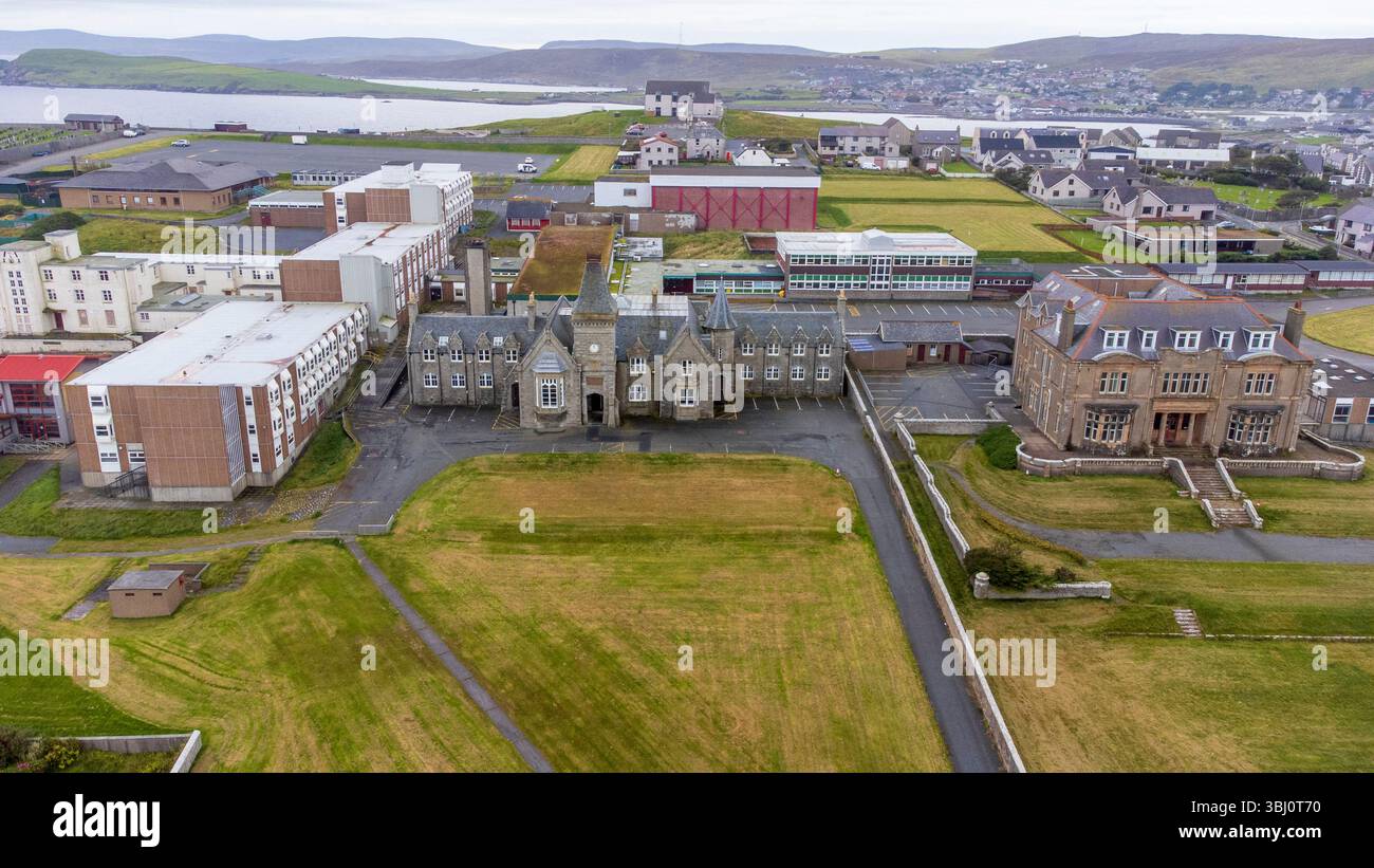 Aerial view of the old Anderson High School in Lerwick, Shetland ...