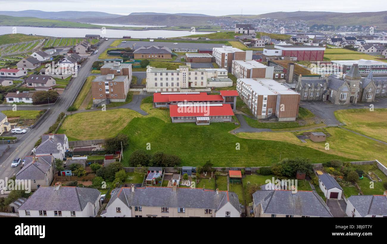 Aerial view of the old Anderson High School in Lerwick, Shetland ...