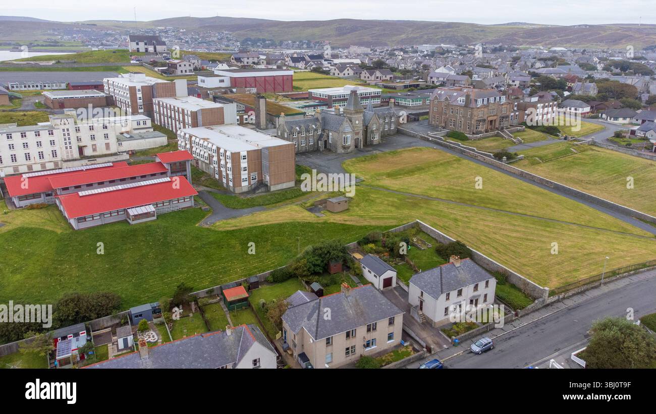 Aerial view of the old Anderson High School in Lerwick, Shetland ...
