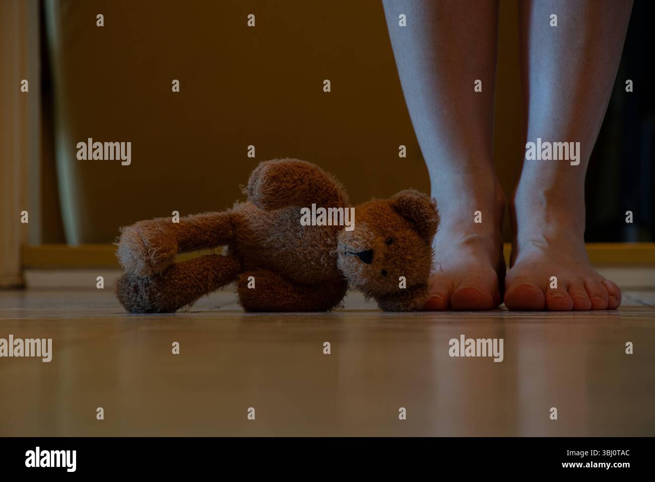 A child's teddy bear lies on the floor in the hallway of a house in the ...