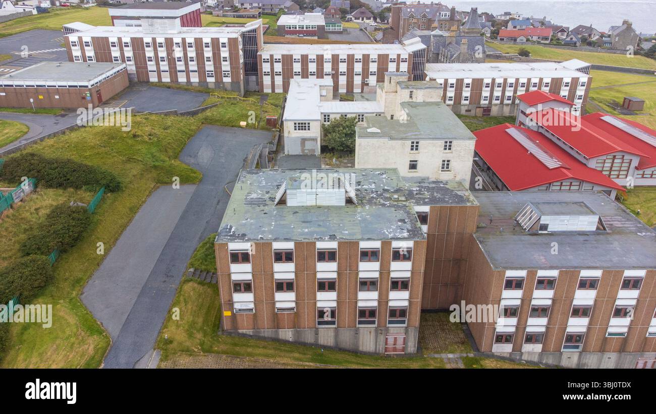 Aerial view of the old Anderson High School in Lerwick, Shetland ...